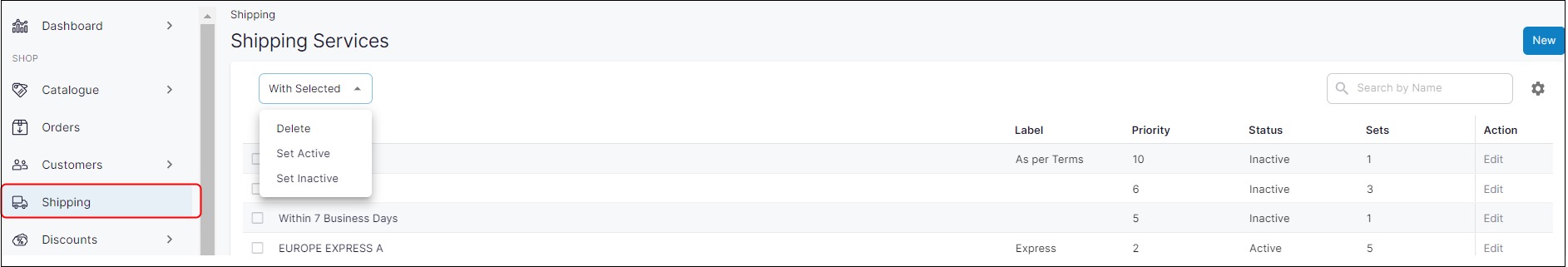 Screen layout: Shipping